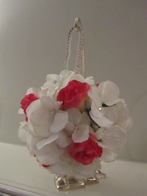 Silk Flower Girl Pomander - White Hydrangea And Fuchsia Rosebuds With ...