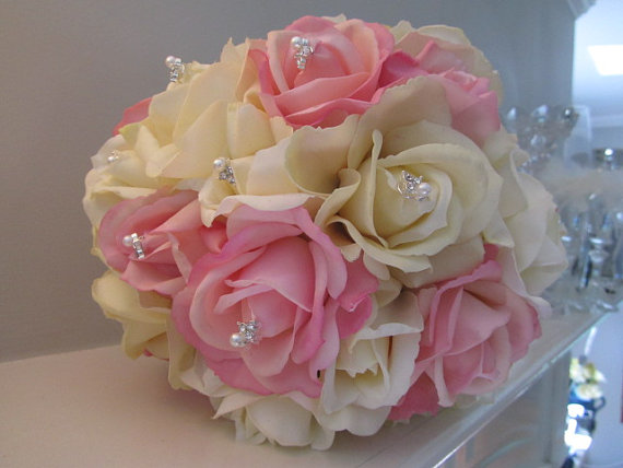Real Touch Bridal Bouquet - Pink And Ivory Roses With Rhinestones on Luulla