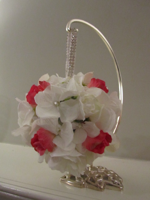 Silk Flower Girl Pomander - White Hydrangea And Fuchsia Rosebuds With ...